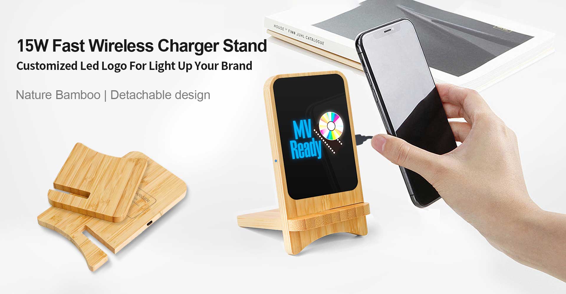 15W Detachable Bamboo Wireless Charger Stand with FULL COLOR LIGHT UP ...