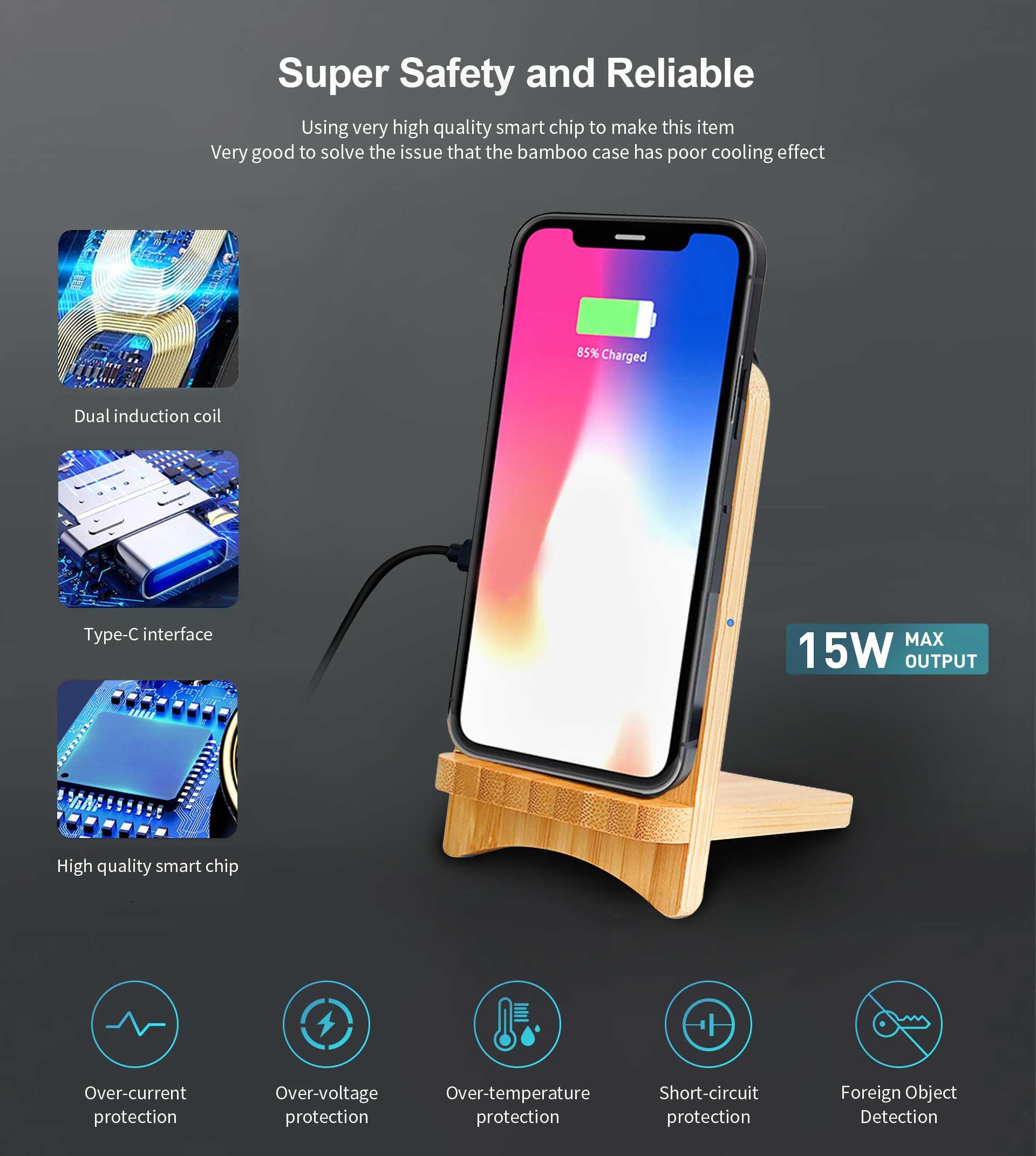 15W Detachable Bamboo Wireless Charger Stand with FULL COLOR LIGHT UP ...