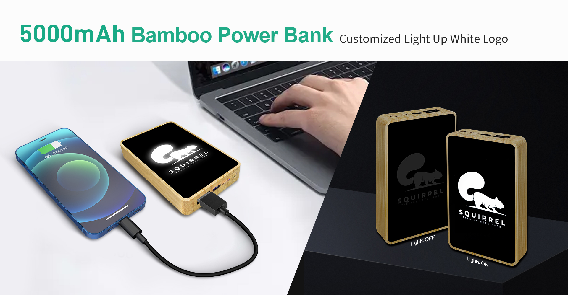 5000mAh Light Up White Logo Bamboo Power Bank ESPB-25N – Wireless ...