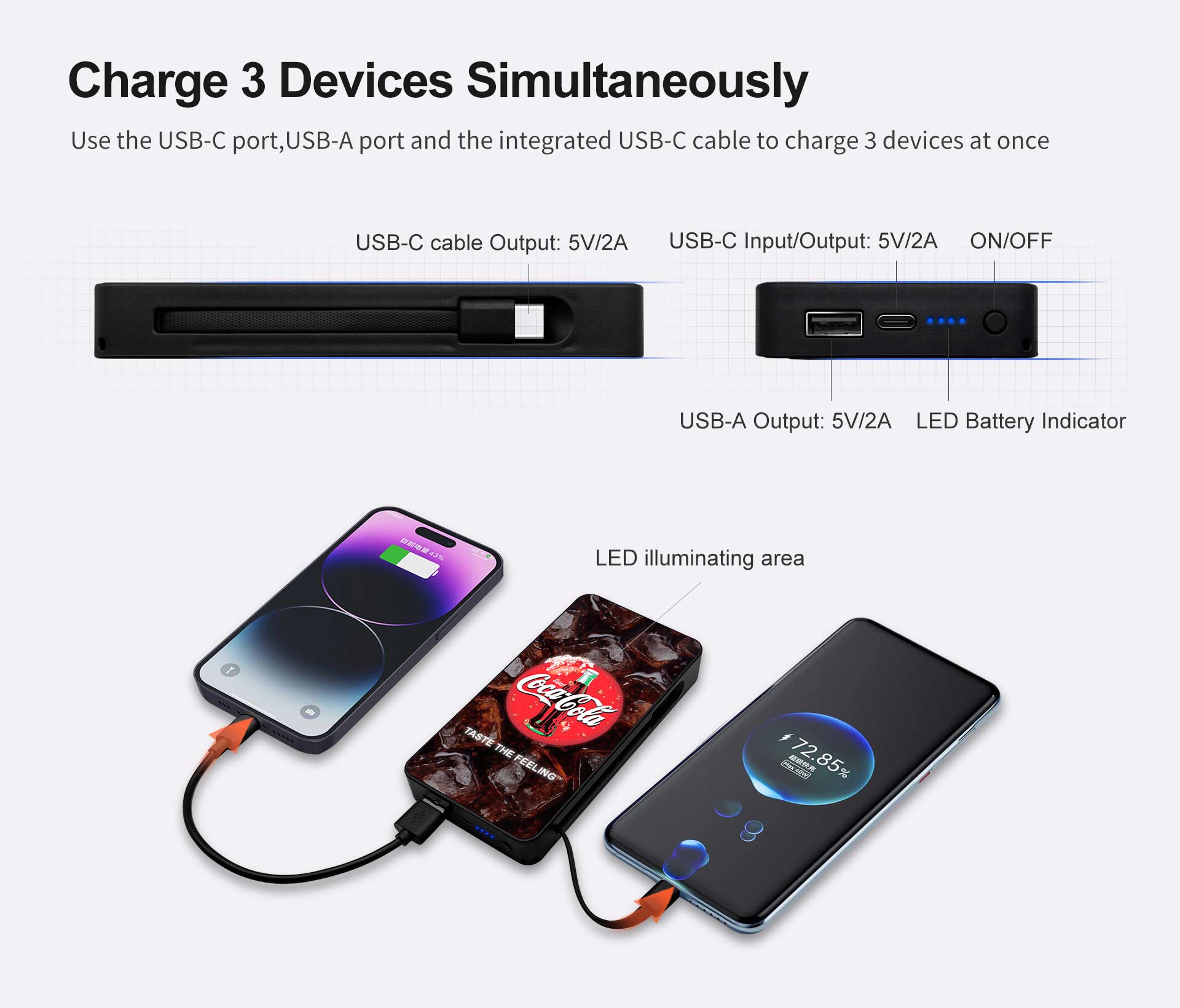 10000mAh Light Up Color Logo Power Bank with built-in USB-C Output ...